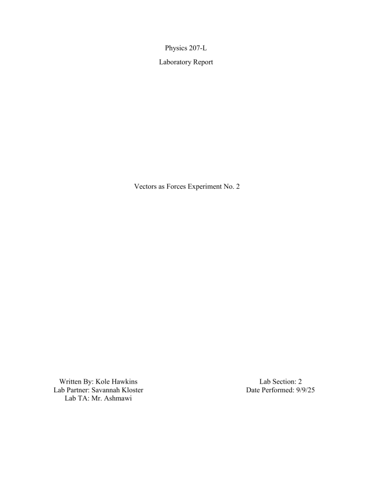 Physics 207 Lab Report: Vector Addition of Forces