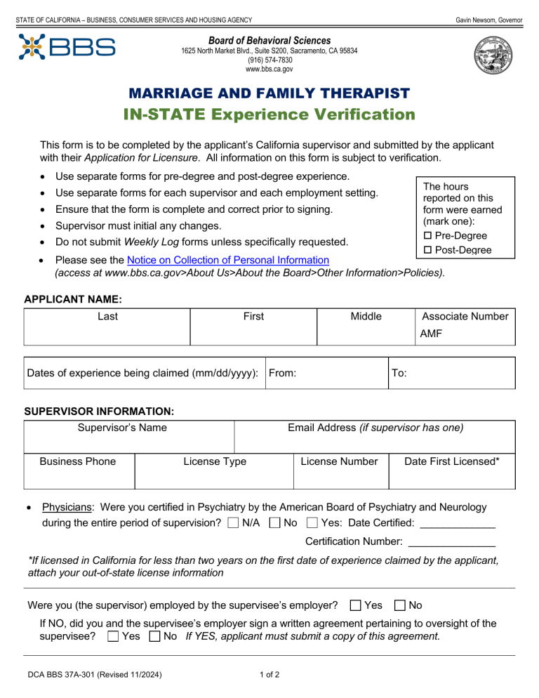 California MFT In-State Experience Verification Form