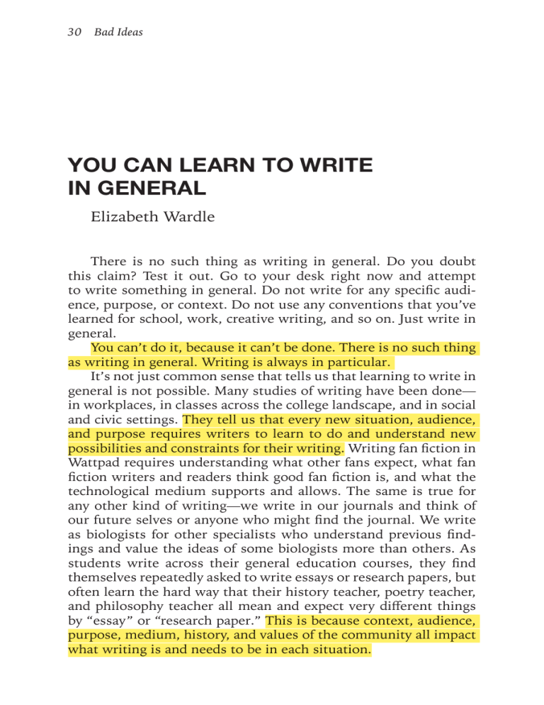 You Can Learn to Write in General by Elizabeth Wardle