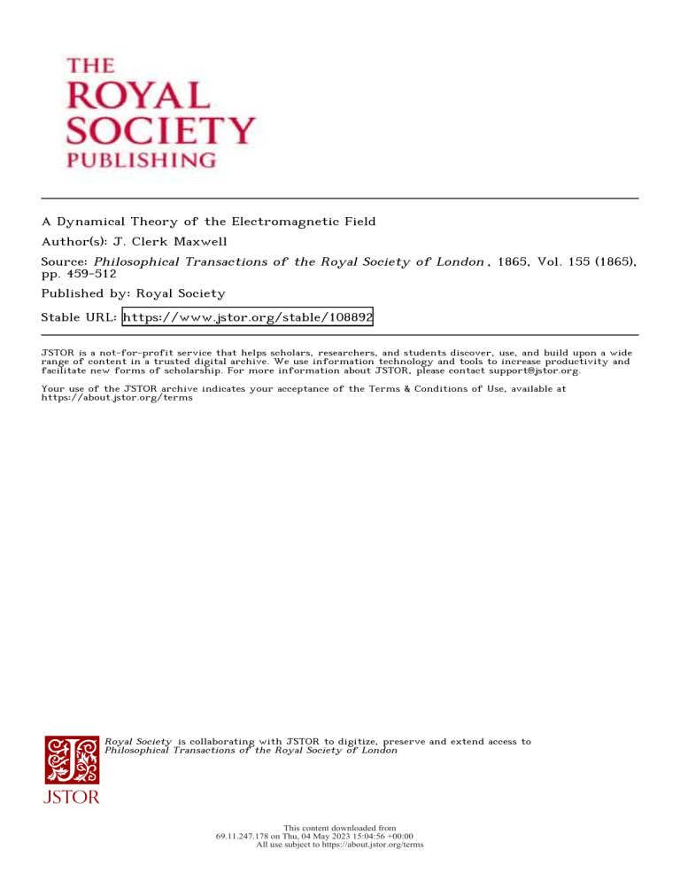 Maxwell's Electromagnetic Field Theory (1865)