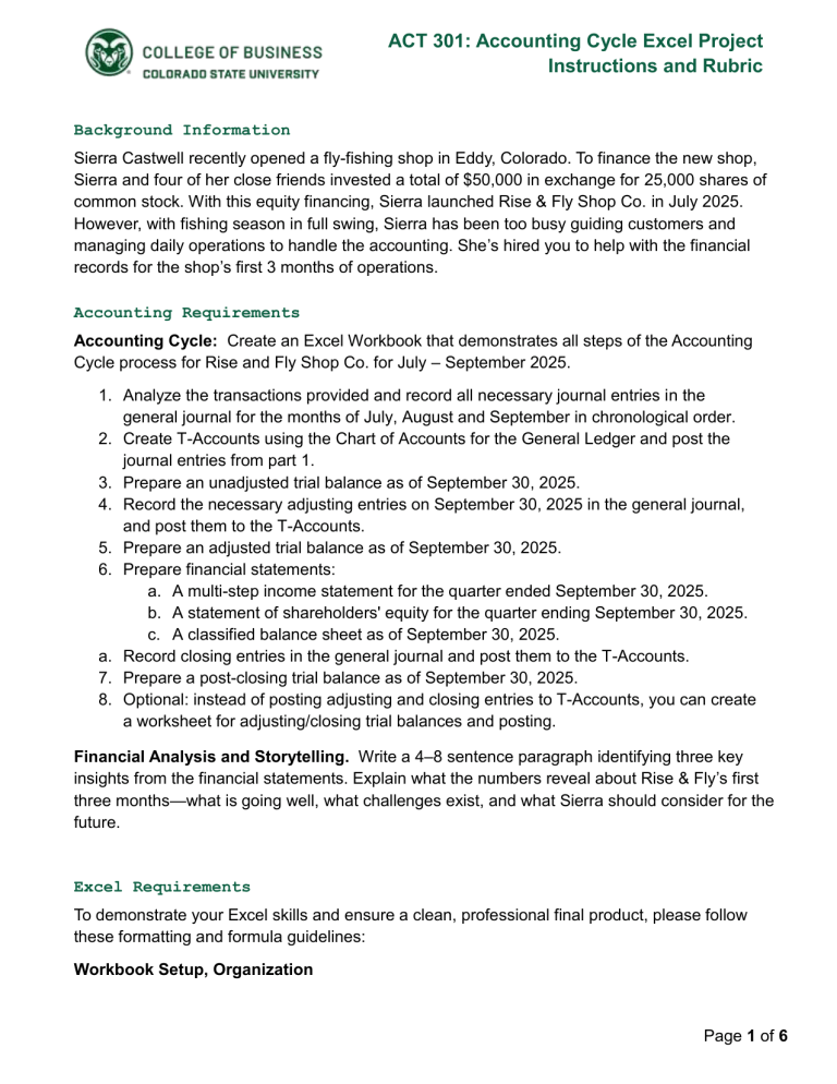 ACT 301 Accounting Cycle Excel Project Instructions