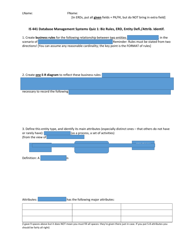 IS 441 Database Management Systems Quiz 1: ERD and Business Rules