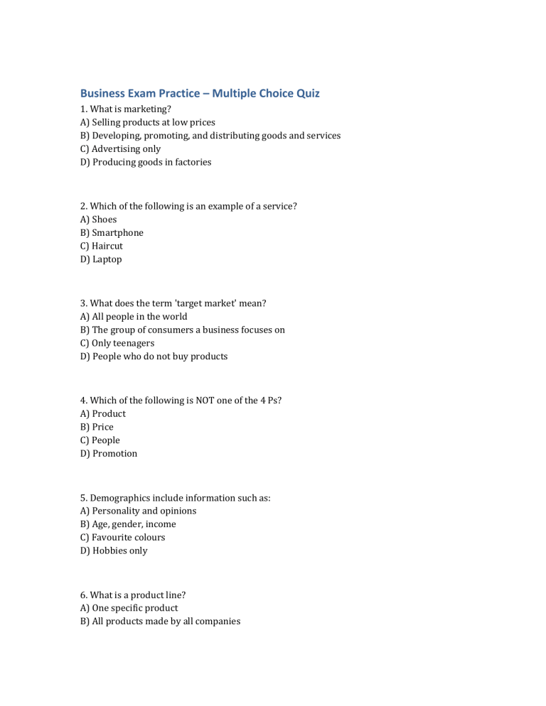 Business Exam Practice Multiple Choice Quiz