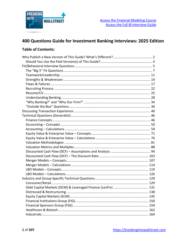 Investment Banking Interview Guide: 400 Questions & Answers 2025