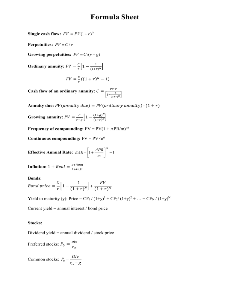 Finance Formula Sheet: Time Value of Money, Bonds, Stocks