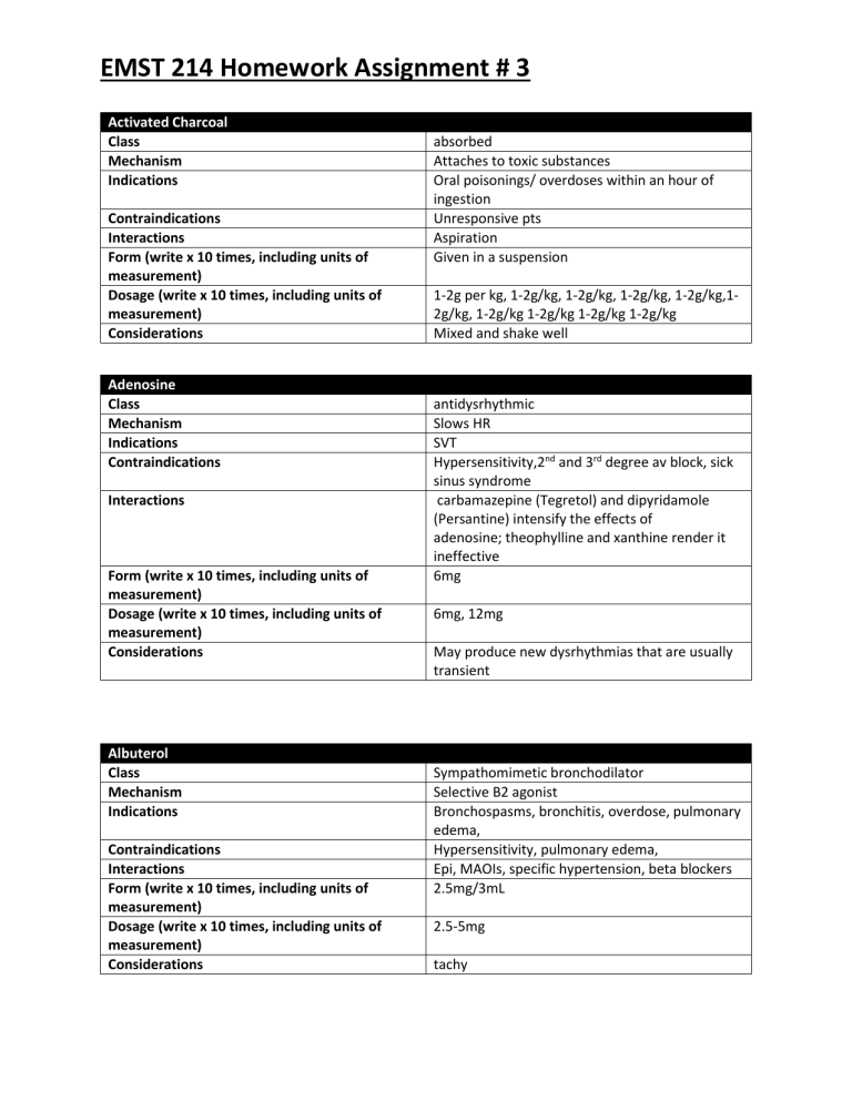 EMST 214 Pharmacology Homework: Emergency Medications Guide