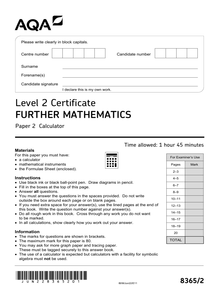 AQA Level 2 Further Maths Paper 2 Calculator Exam 2022