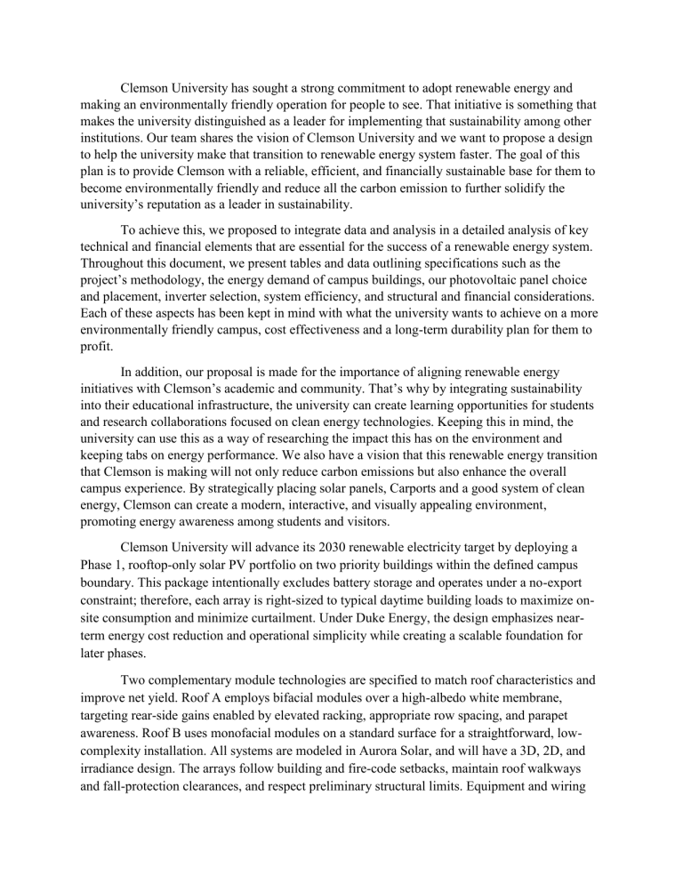Clemson University Renewable Energy Solar PV Proposal