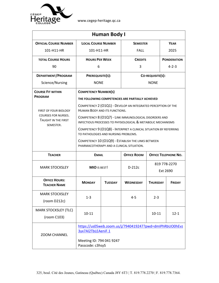 Human Body I Course Syllabus - CÉGEP Heritage College