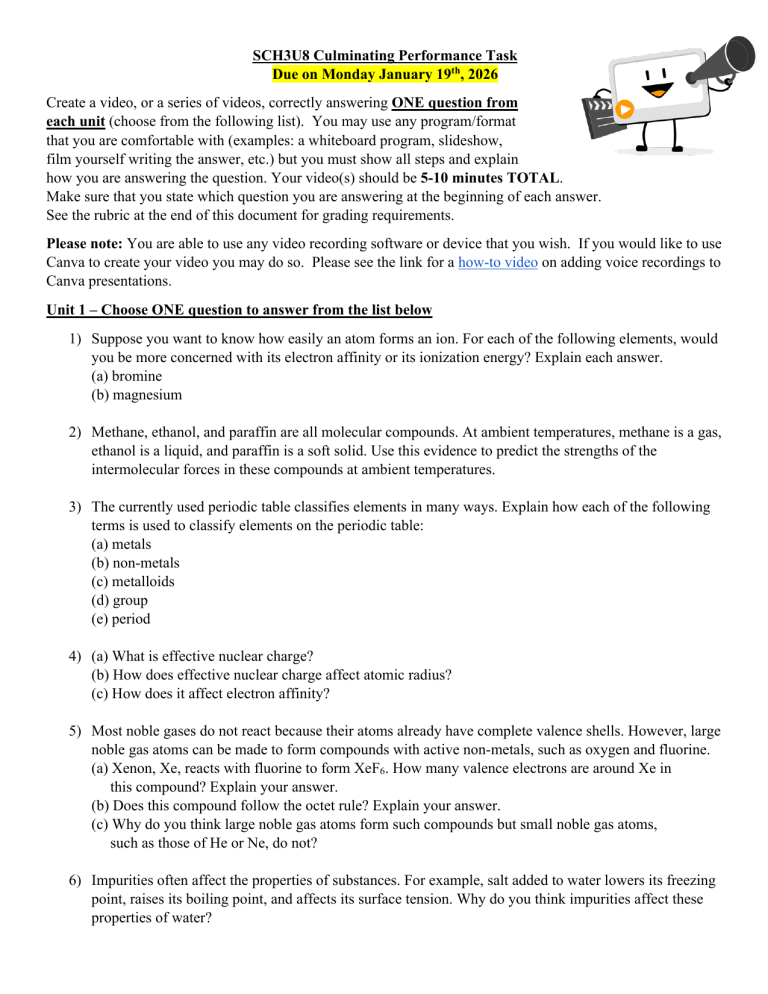 SCH3U8 Chemistry Culminating Performance Task Guide