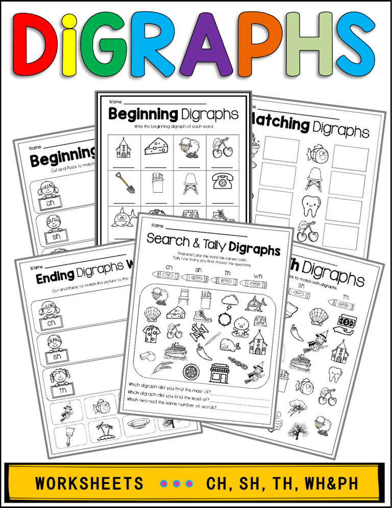 Digraphs Worksheets: CH, SH, TH, WH, PH