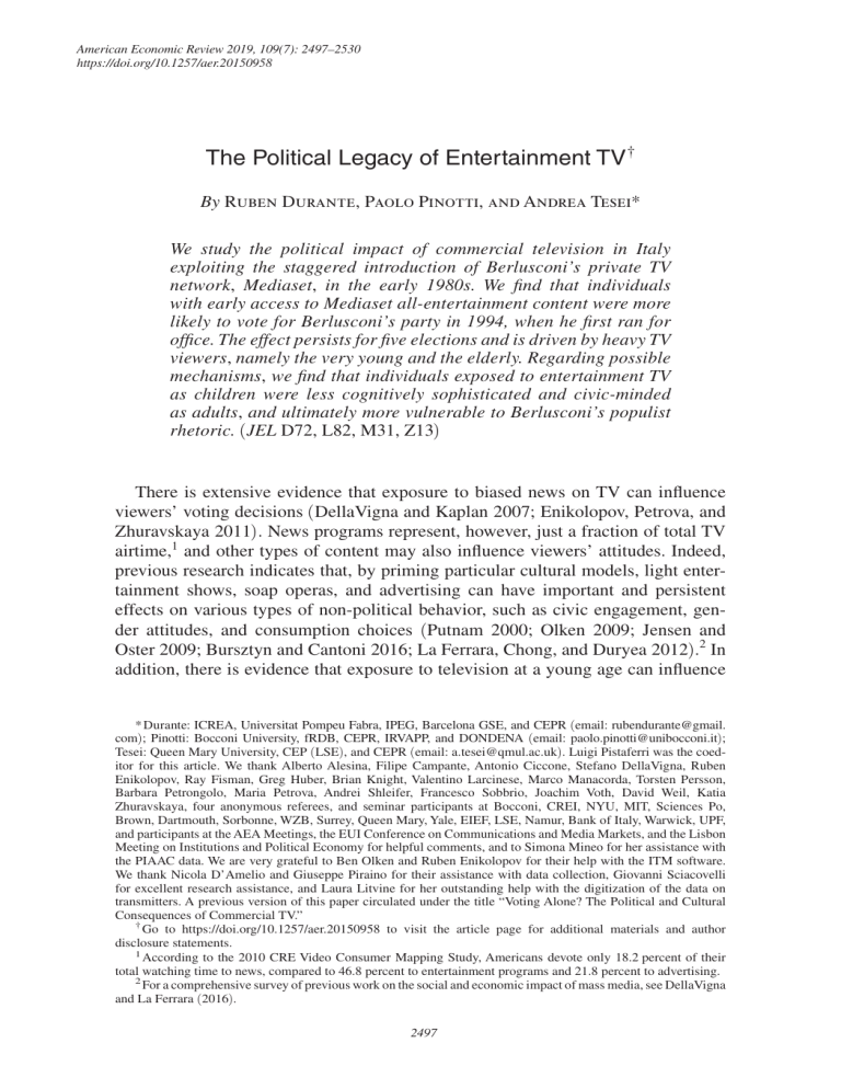 The Political Legacy of Entertainment TV - American Economic Review
