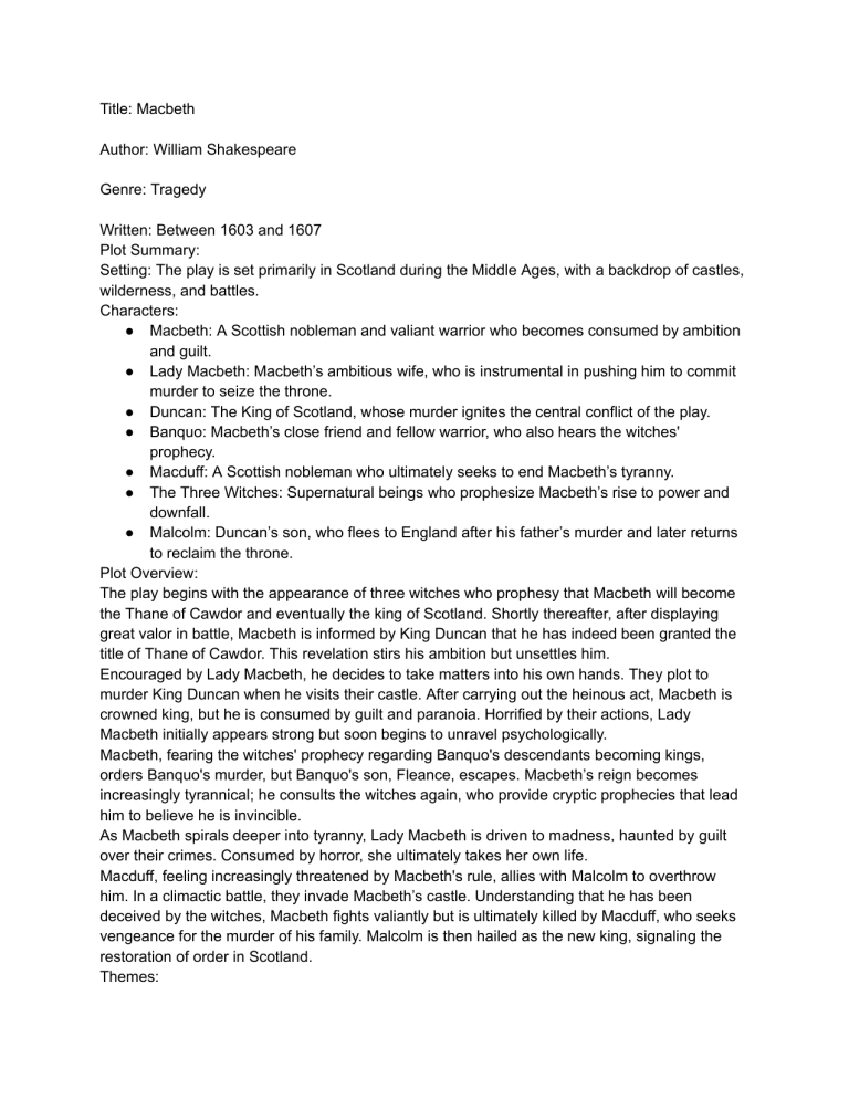 Macbeth Study Guide by William Shakespeare