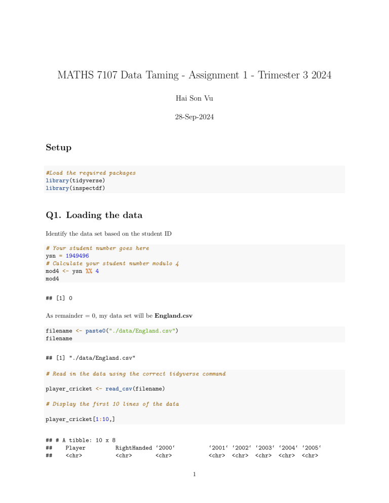 MATHS 7107 Data Taming Assignment 1 2024