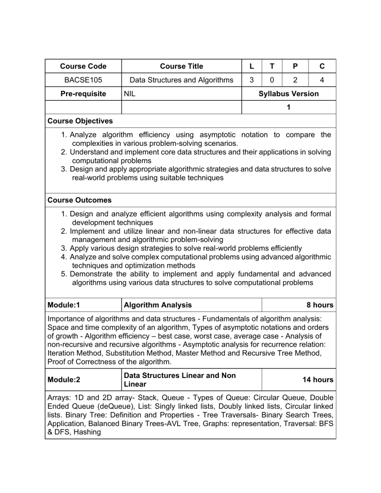Data Structures and Algorithms Syllabus BACSE105