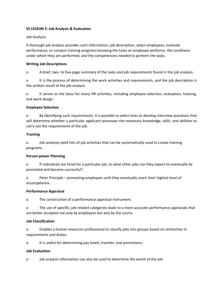 Job Analysis & Evaluation Lesson