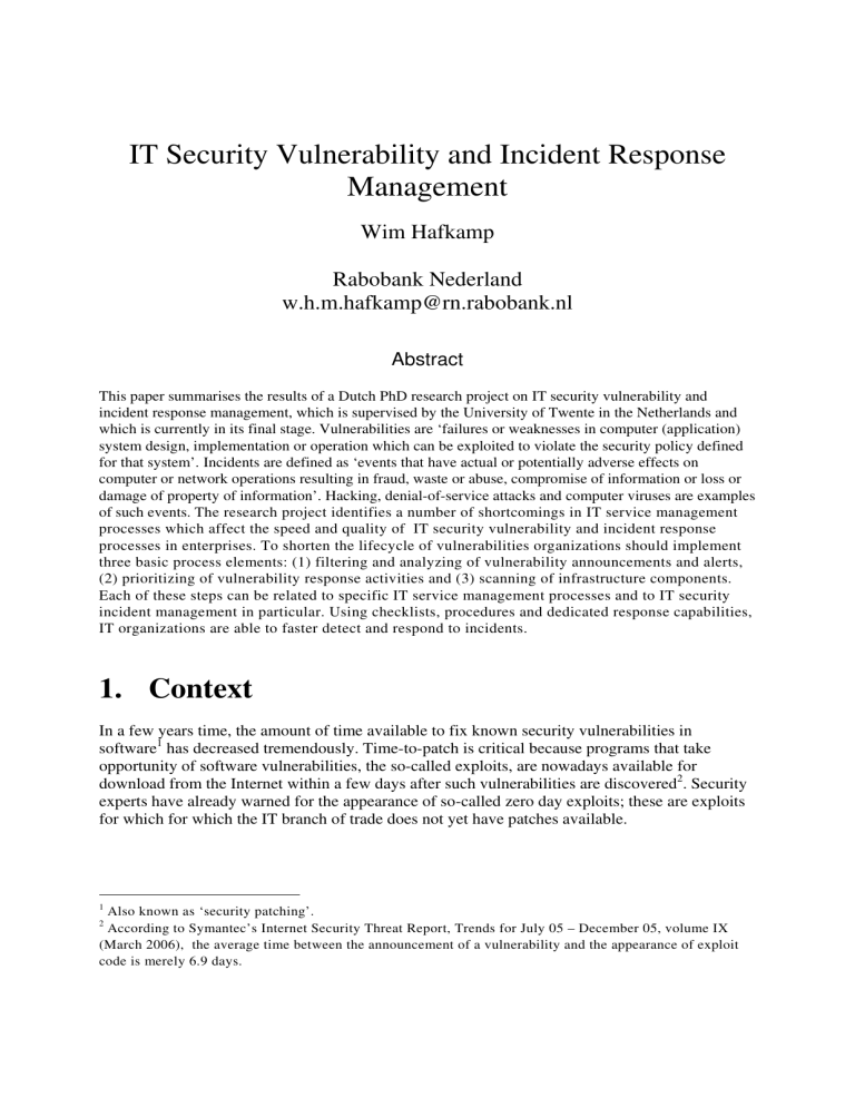 IT Security Vulnerability and Incident Response Management Research