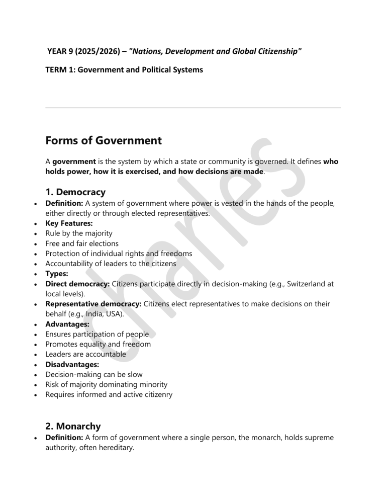 Year 9 Government & Political Systems Curriculum