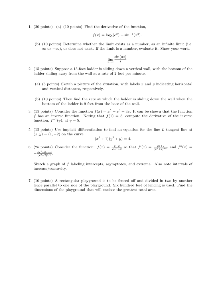 Calculus Exam Problems: Derivatives, Limits, Optimization