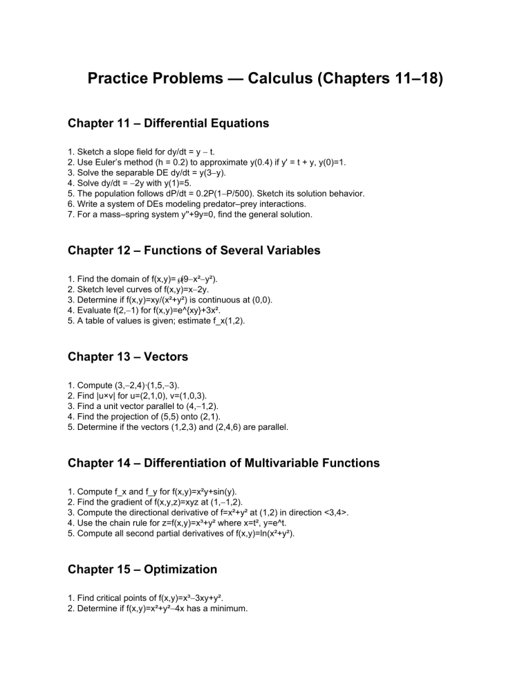 Calculus Practice Problems (Chapters 11-18)