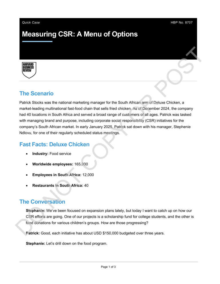 CSR Measurement Case Study | Deluxe Chicken