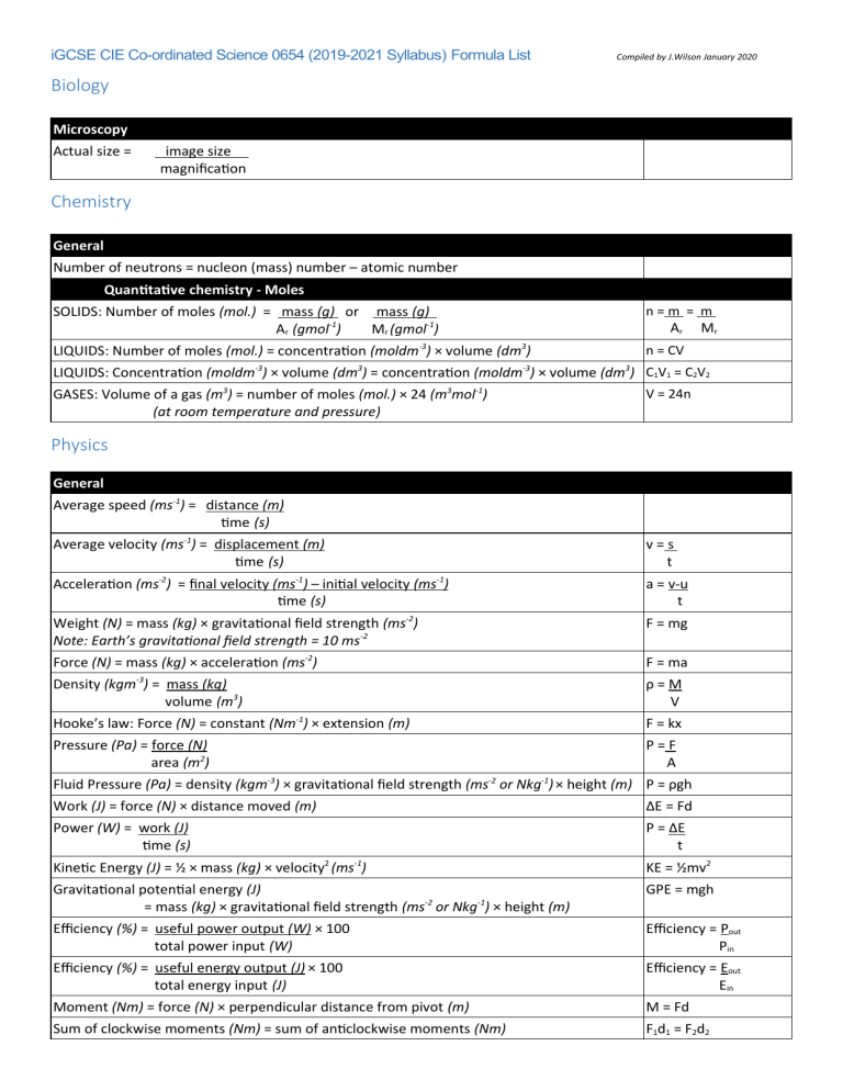 iGCSE Co-ordinated Science Formula List 0654