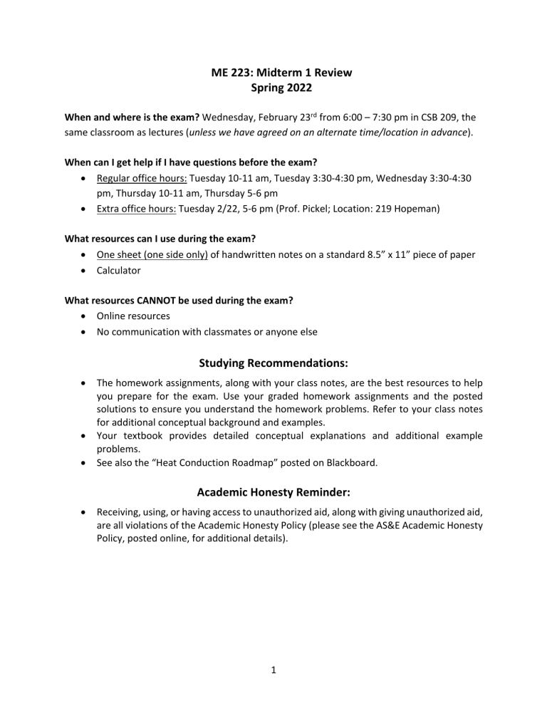 ME 223 Midterm 1 Review: Heat Transfer Spring 2022
