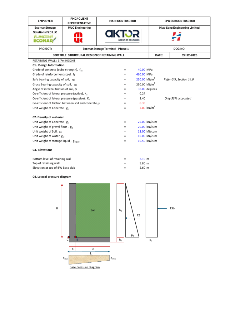 Structural Design of Retaining Wall Calculation