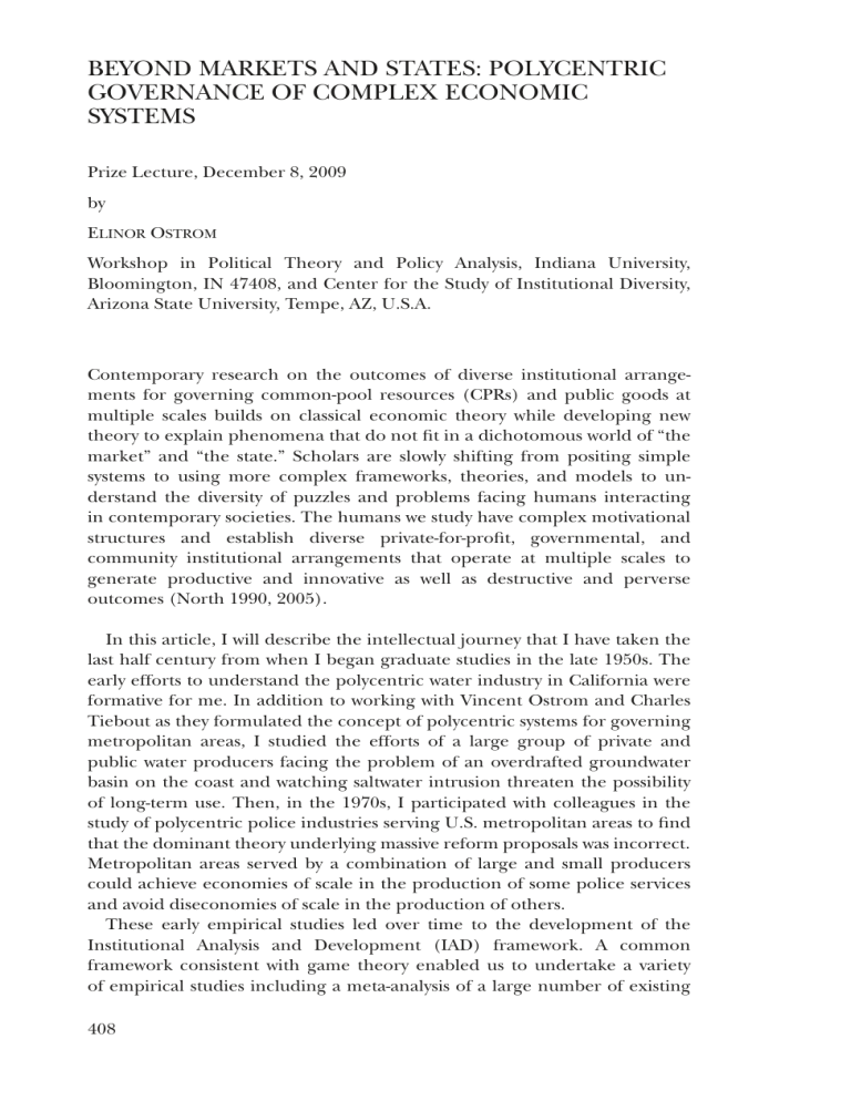 Polycentric Governance of Complex Economic Systems by Elinor Ostrom