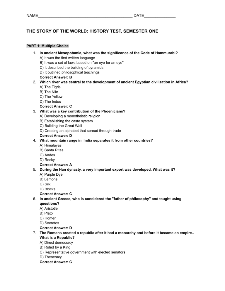 Ancient History Test: Semester One
