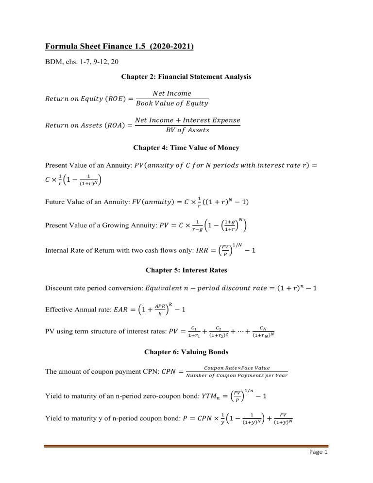Finance 1.5 Formula Sheet: Corporate Finance Equations & Formulas