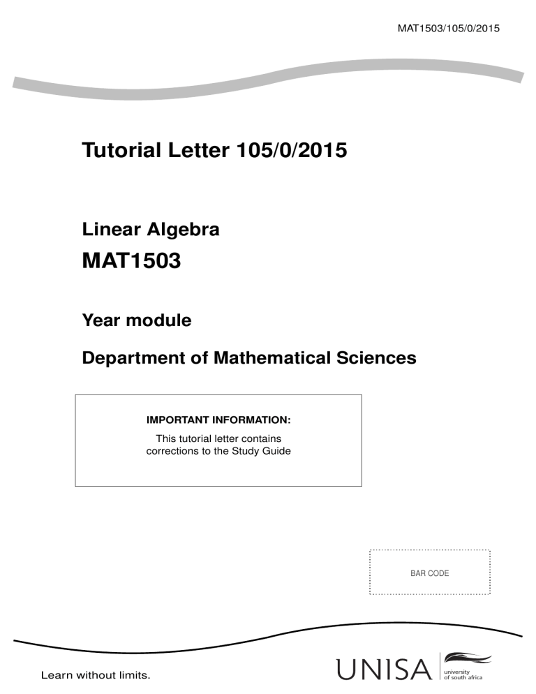 UNISA MAT1503 Linear Algebra Tutorial Letter 2015