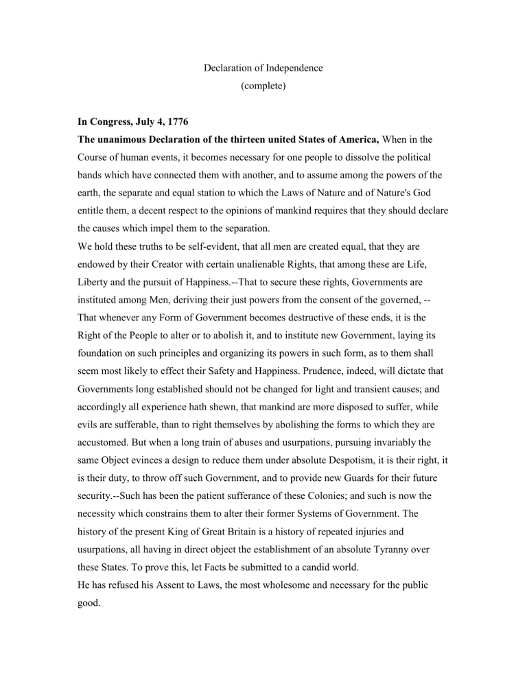 Declaration of Independence (1776) Full Text with Jefferson's Draft