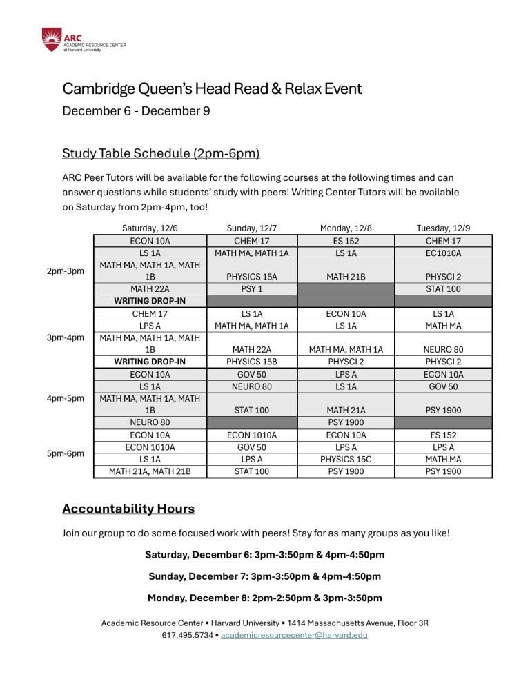 Harvard ARC Read & Relax Event Study Schedule Dec 6-9