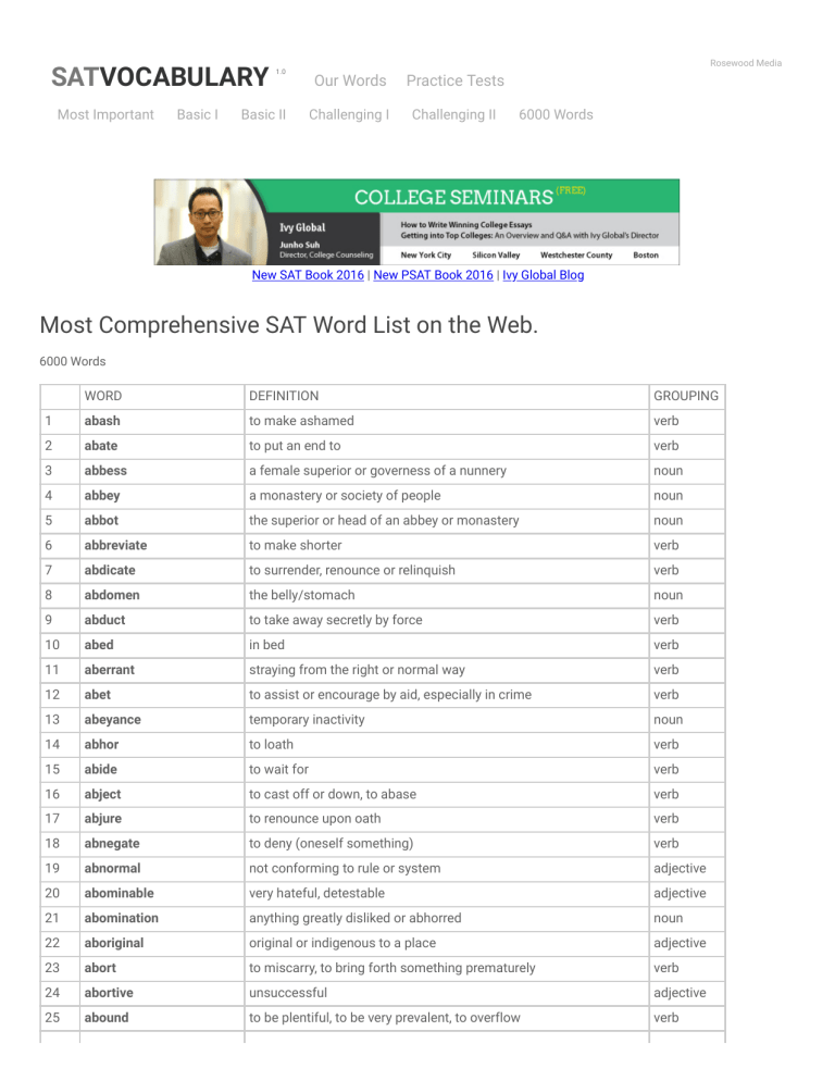 SAT Vocabulary List with Definitions