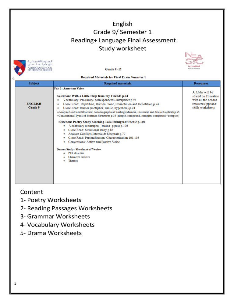 Grade 9 English Final Assessment Study Worksheet