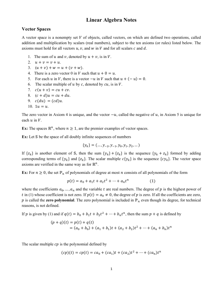 Linear Algebra Notes: Vector Spaces Axioms & Examples