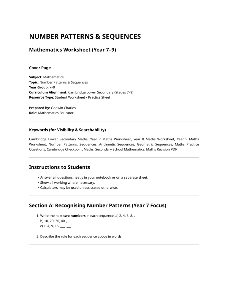 Number Patterns & Sequences Worksheet (Year 7-9)