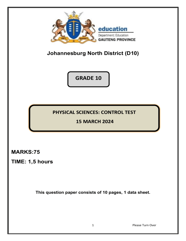 Grade 10 Physical Sciences Control Test March 2024
