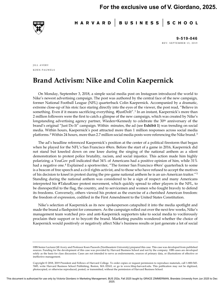 Brand Activism: Nike and Colin Kaepernick Case Study