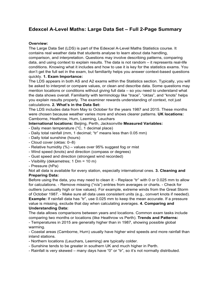 Edexcel A-Level Maths Large Data Set Guide