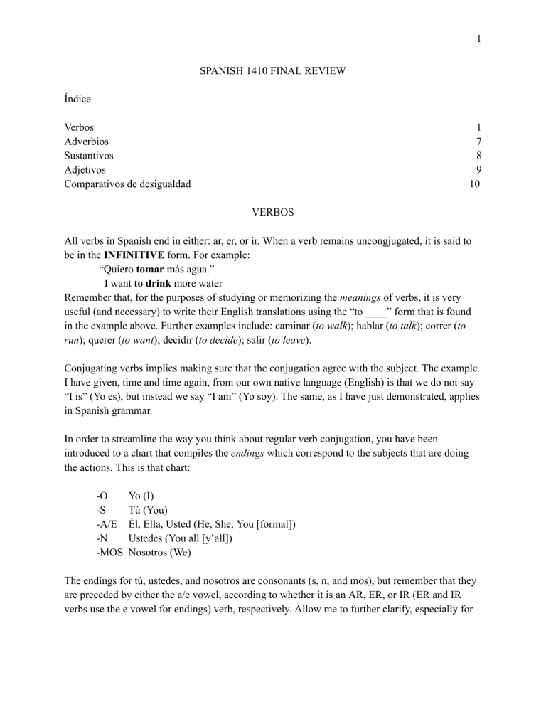 Spanish 1410 Final Review: Grammar Study Guide