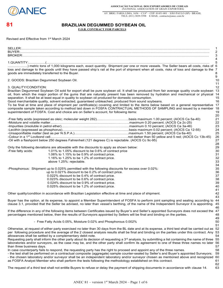 Brazilian Degummed Soybean Oil FOB Contract 2024