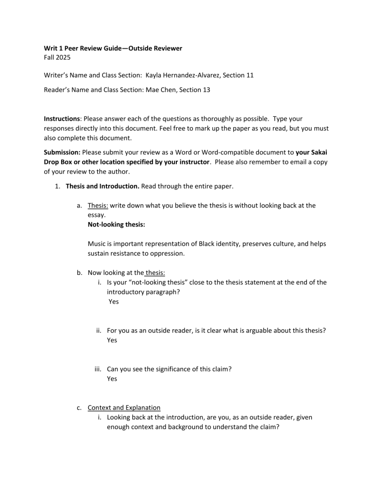 Writ 1 Peer Review Guide for College Writing