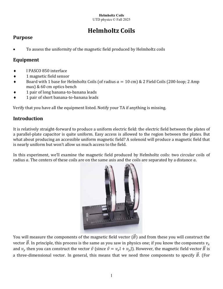 Helmholtz Coils Physics Lab Manual: Magnetic Field Uniformity