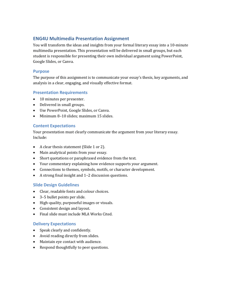ENG4U Multimedia Presentation Assignment Guidelines
