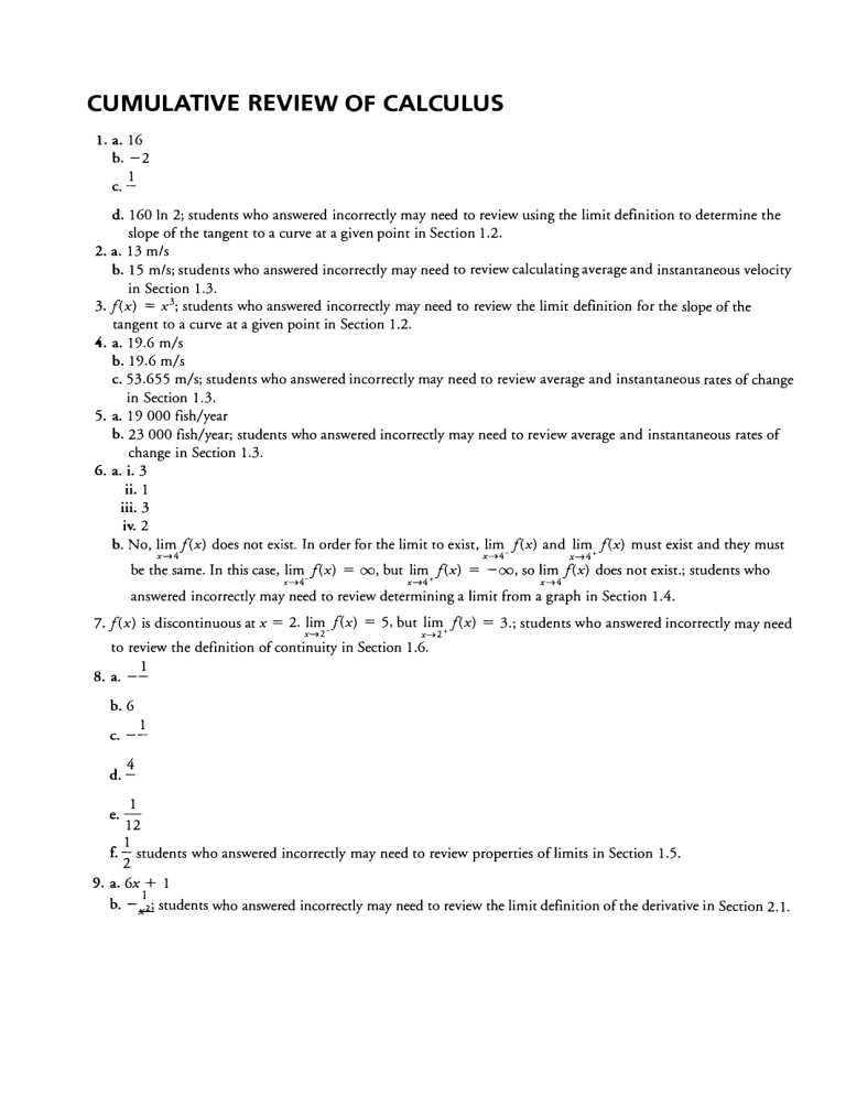 Calculus Review Answer Key with Solutions