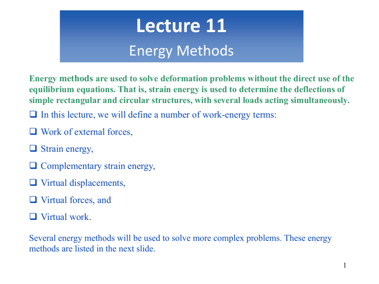 Lecture 11: Energy Methods in Structural Mechanics