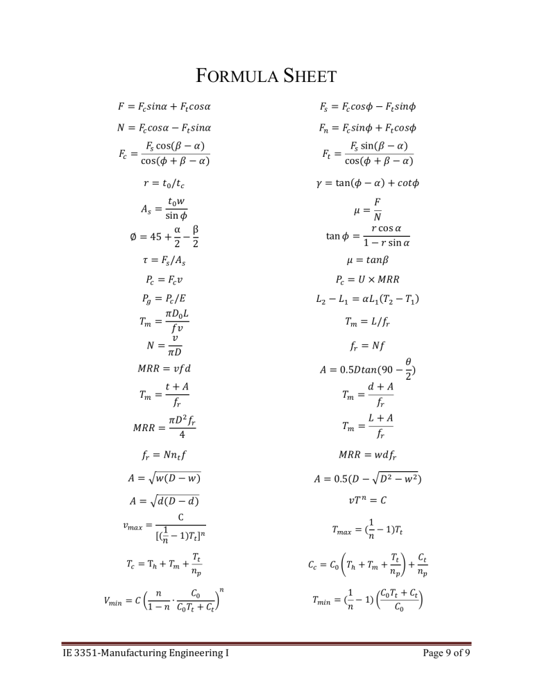 Manufacturing Engineering Formula Sheet: Mechanics and Machining