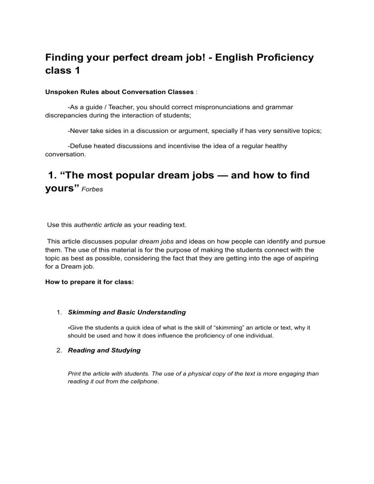 English Lesson Plan: Dream Jobs & Career Aspirations